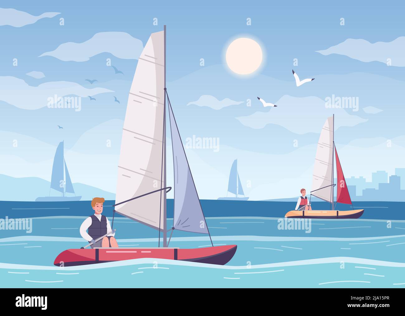 Yachting cartoon composition with summer sea scenery and human ...
