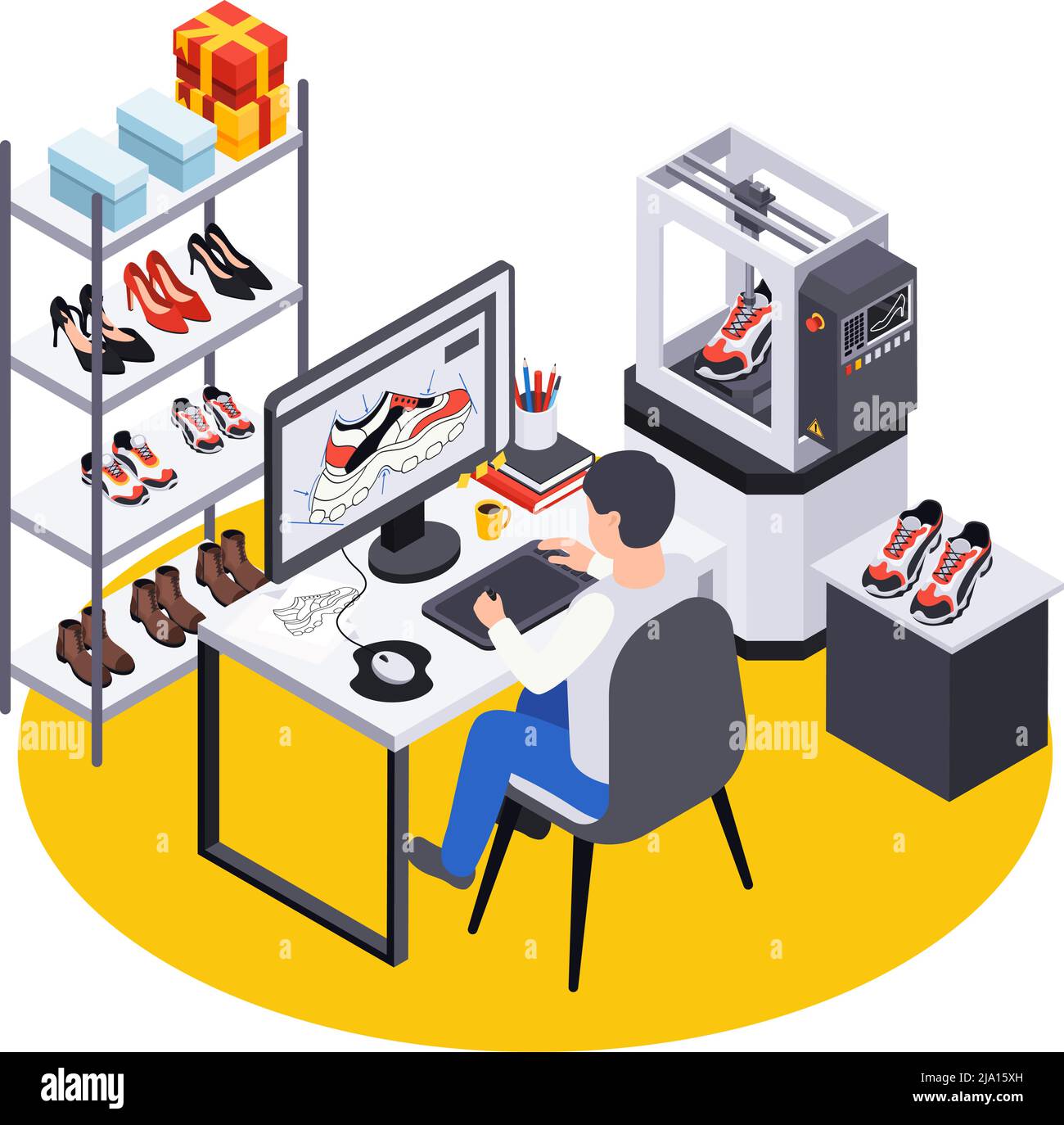 Footwear shoes production isometric composition with view of designers ...