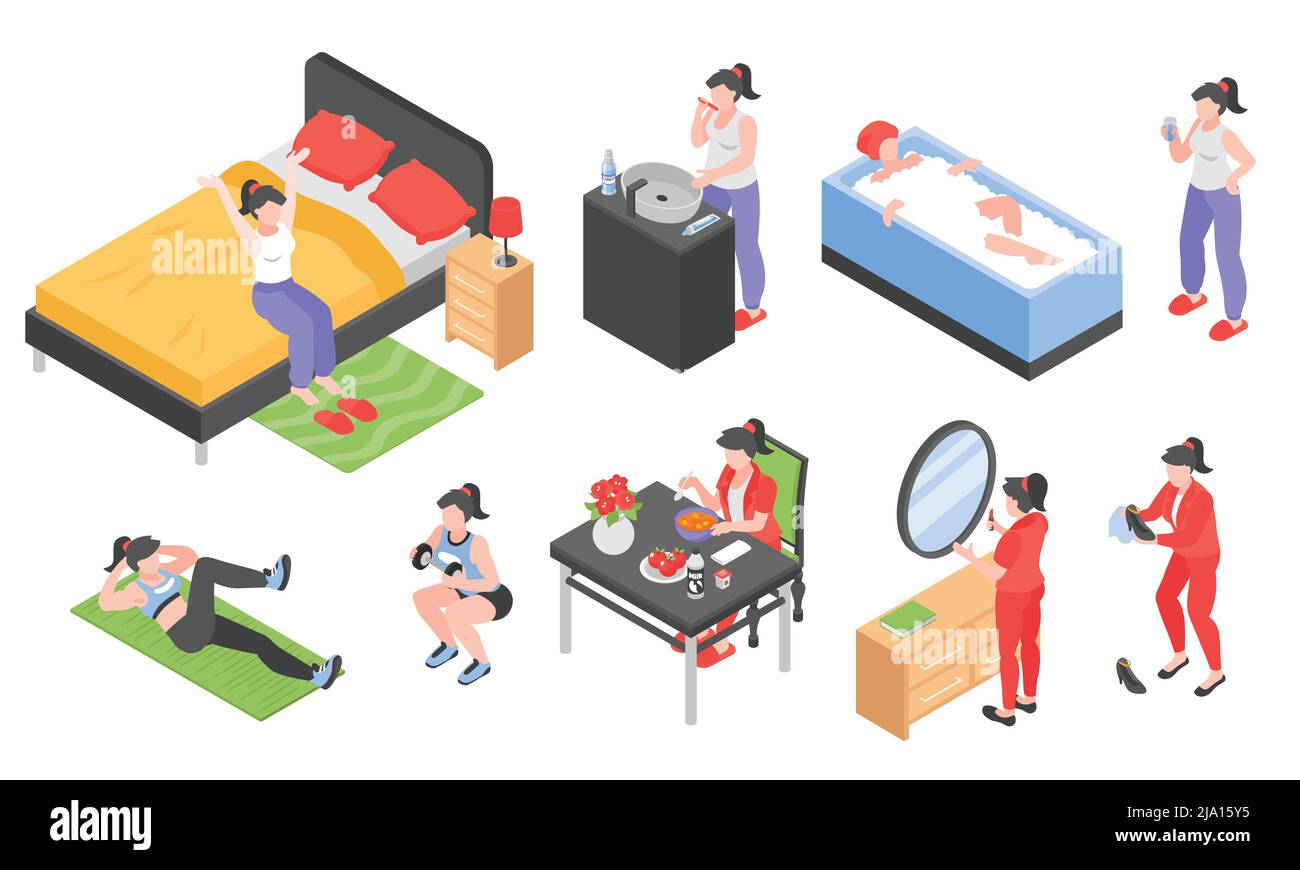 Morning routine women isometric set with bath and sports symbols ...