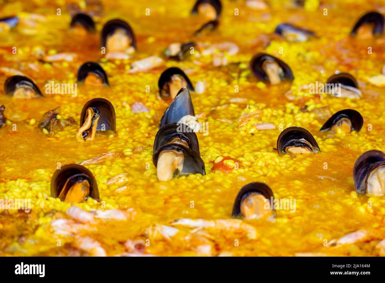 Yellow paella is a traditional Spanish dish of rice with mussels in ...