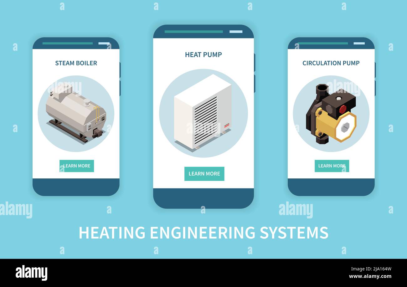 Heating engineering system isometric vertical banners set with 3d steam ...
