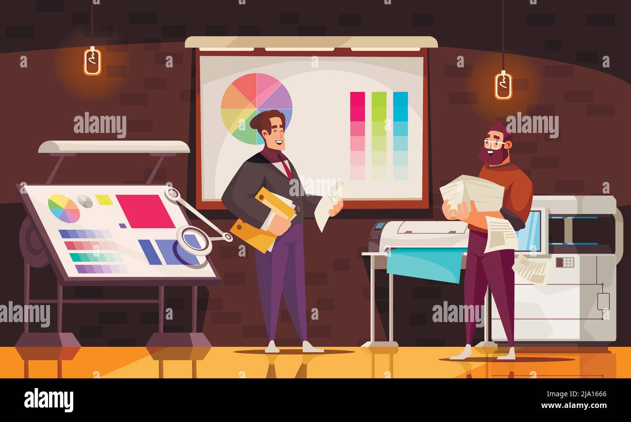 Happy printing house workers holding printed papers in office with ...