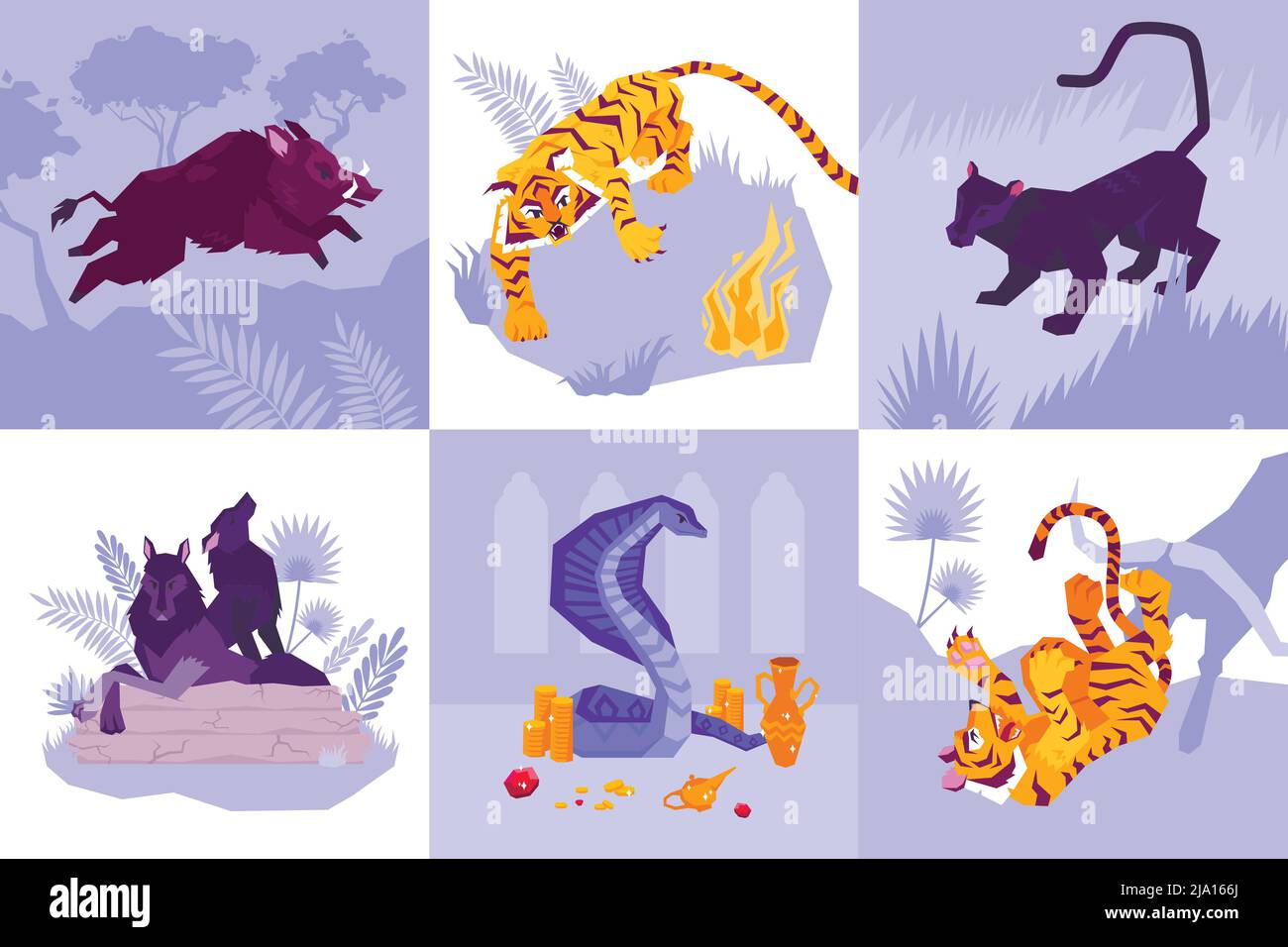Six squares mowgli icon set with different animals tiger wolfs puma ...