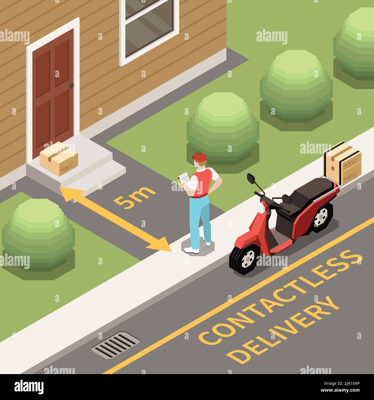 Contactless delivery of orders isometric background with courier ...