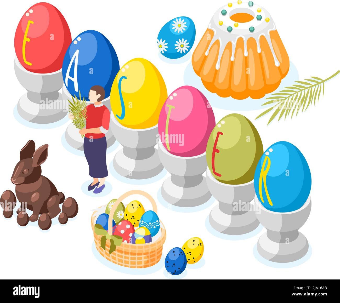 Easter isometric background with images of painted eggs on stands with ...