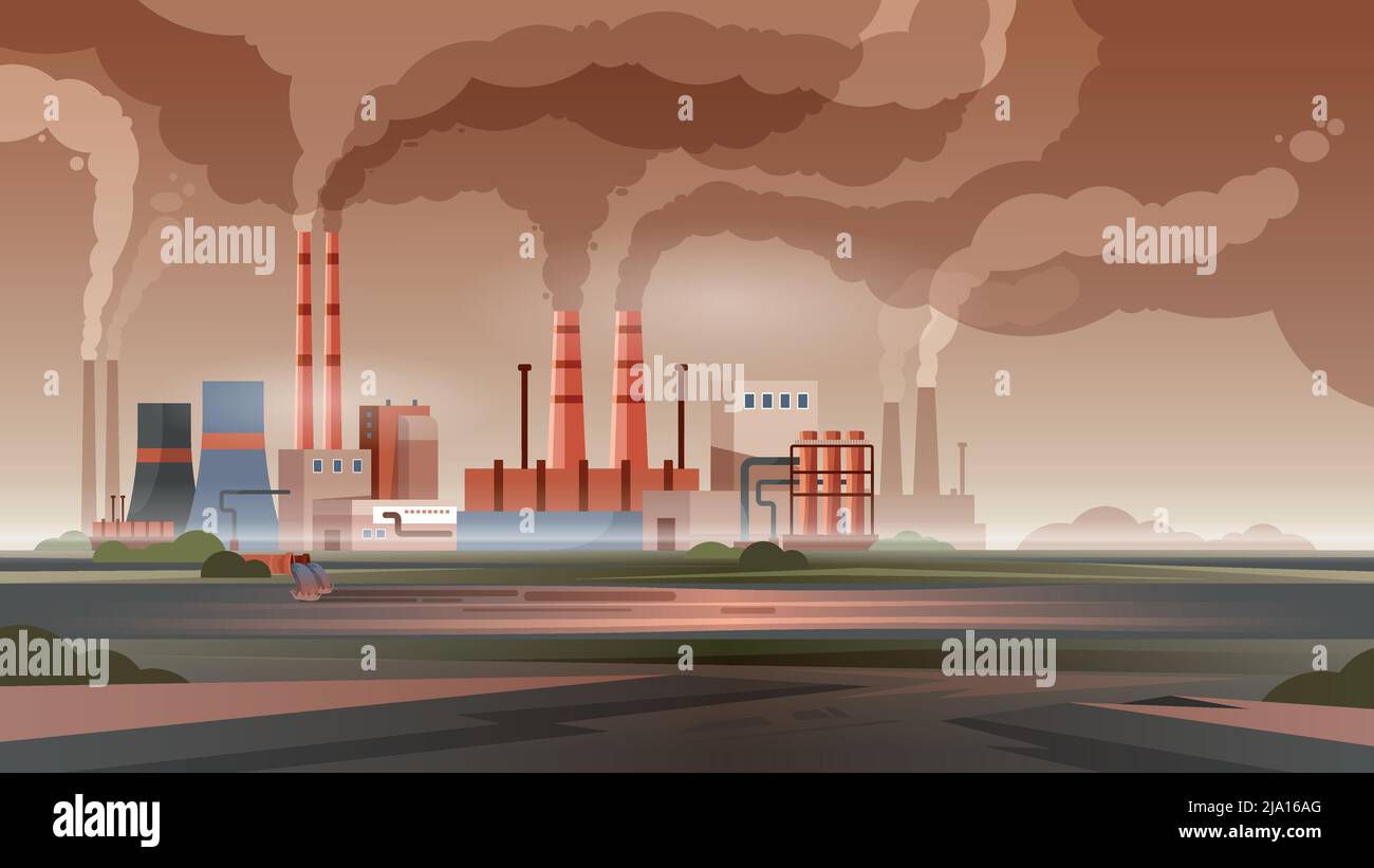 Factory pollution city air and water with smoke and toxic waste flat ...