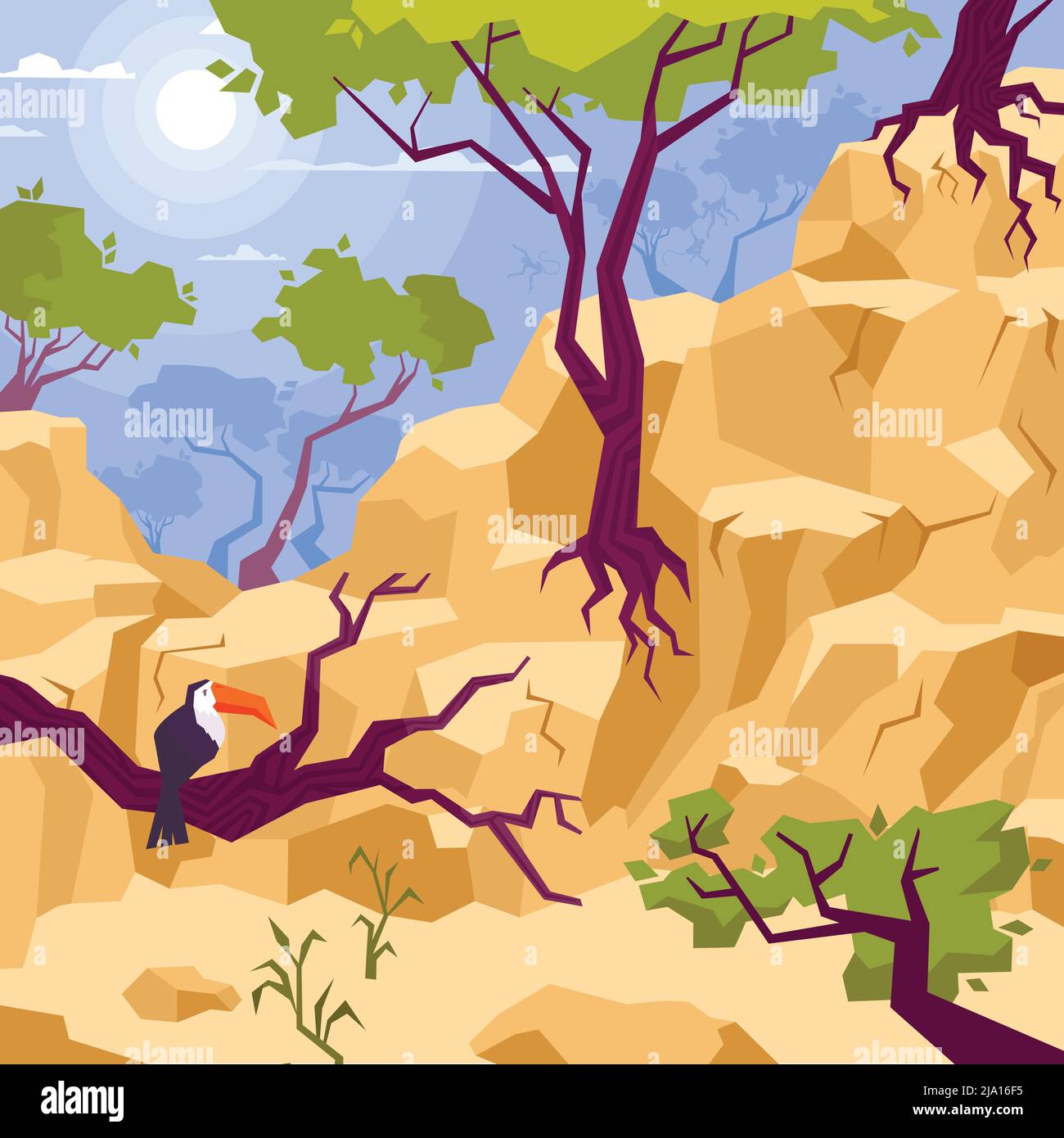 Mountain landscape background with trees rocks sky and toucan vector ...