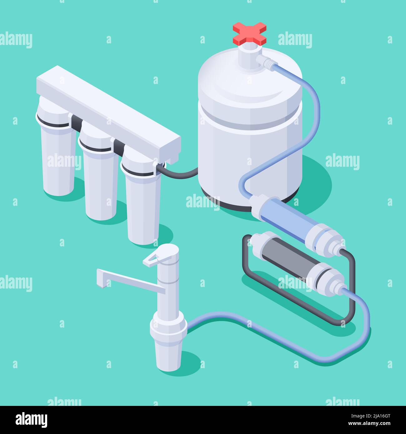 Isometric composition of water filtration system and faucet on colored ...