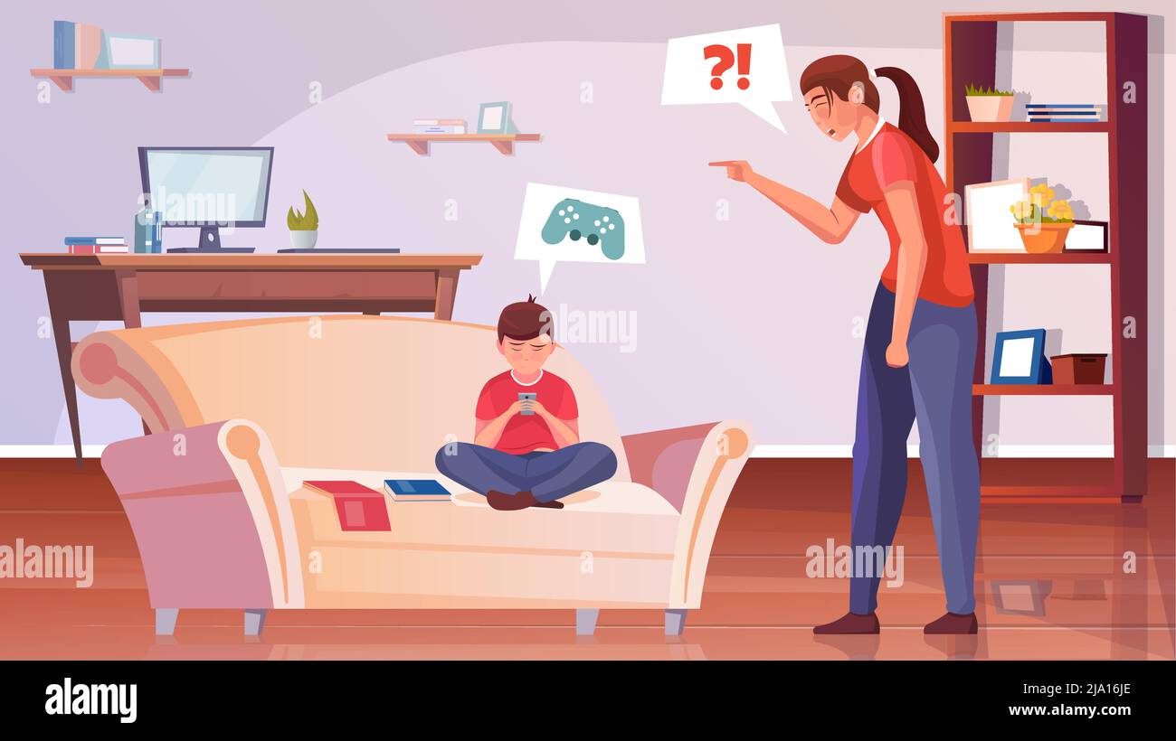 Motherhood flat background with angry mother scolds her little son for ...