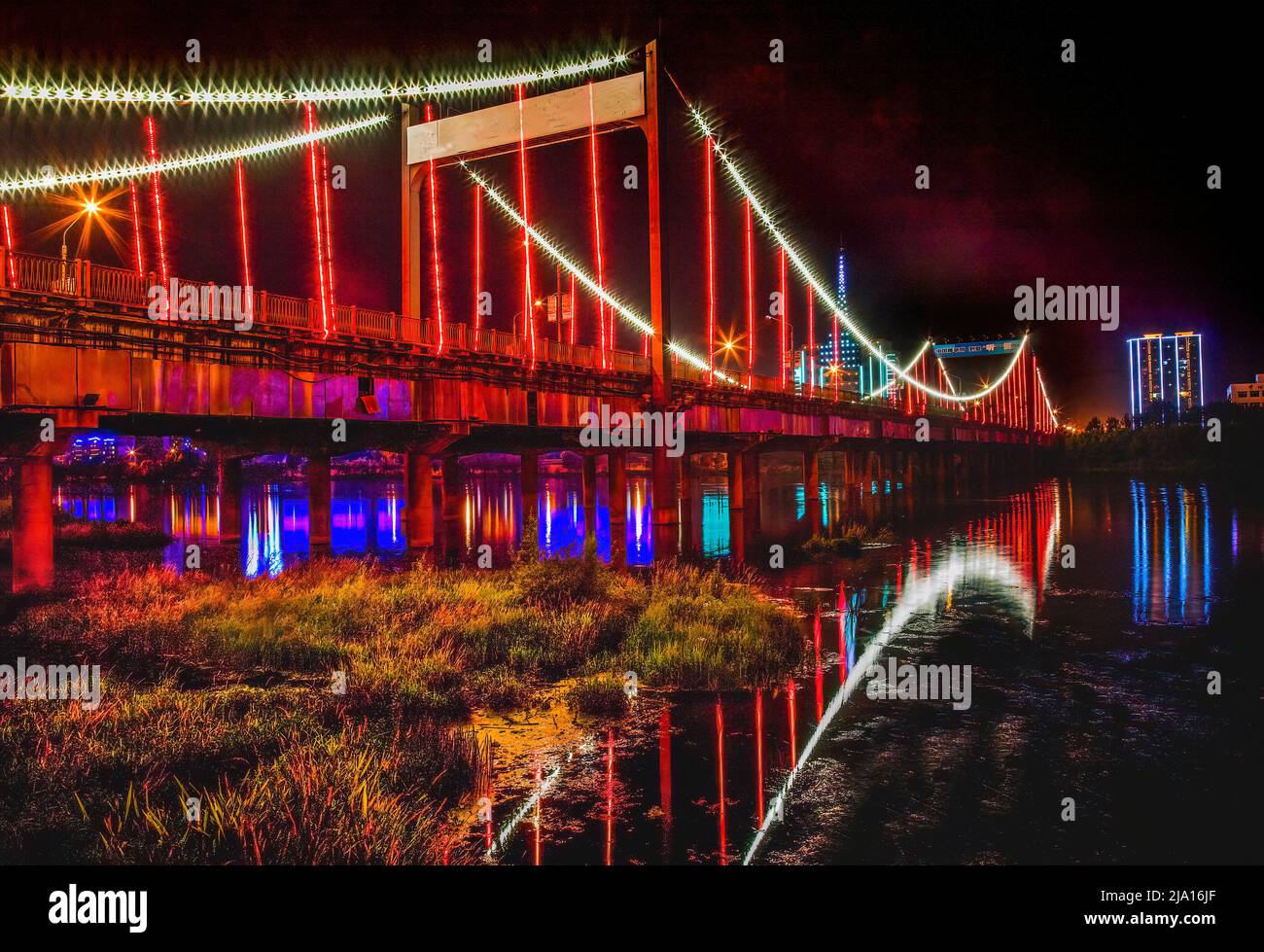 Red Lights Jiangqun Qiao General Bridge Night Hun River Fuxin City ...