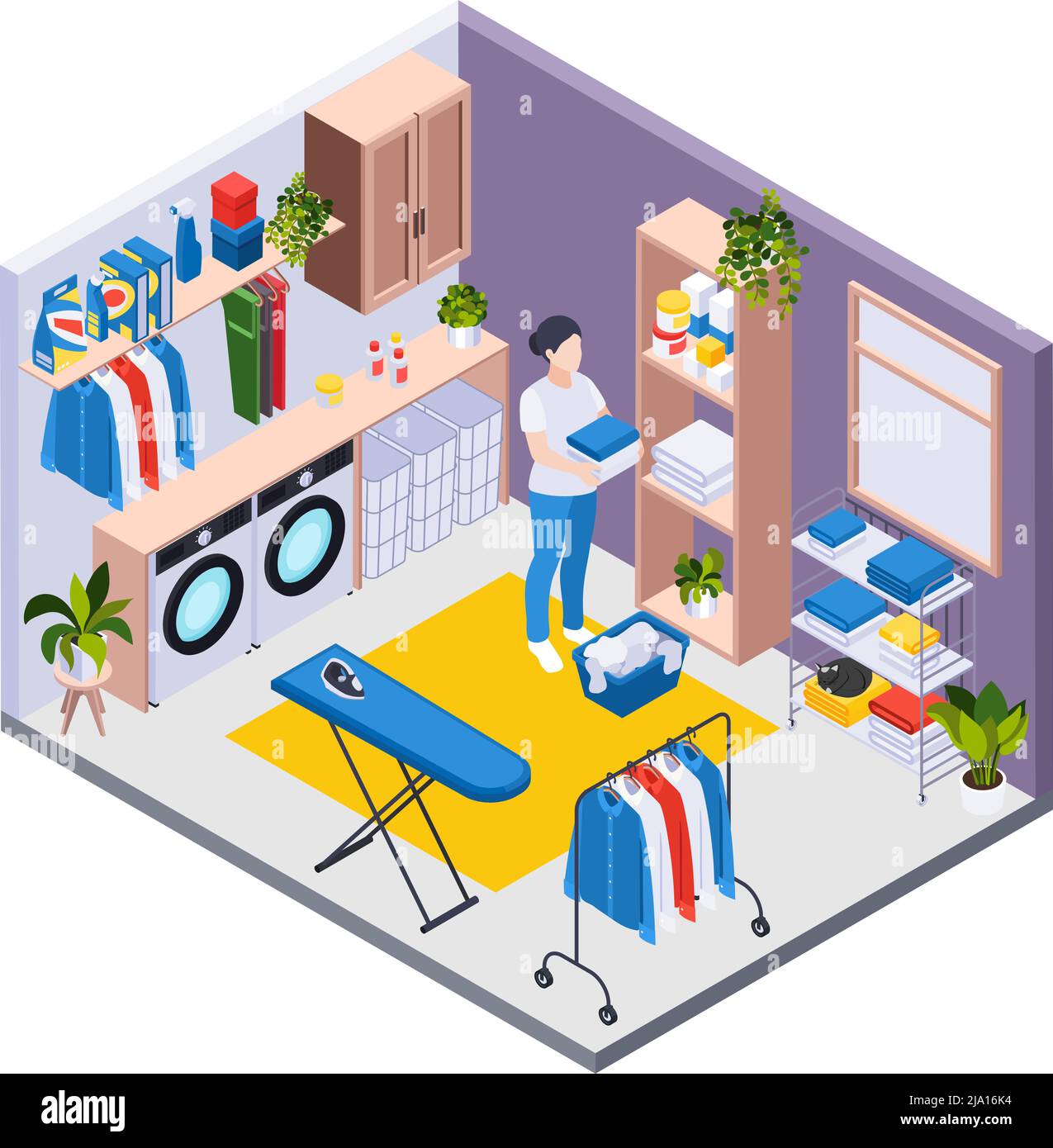 Laundry washing isometric composition with view of room with washing ...