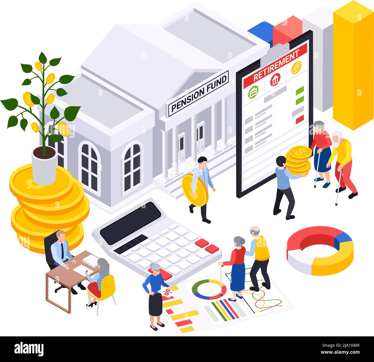 Retirement preparation plan isometric composition with pension fund ...