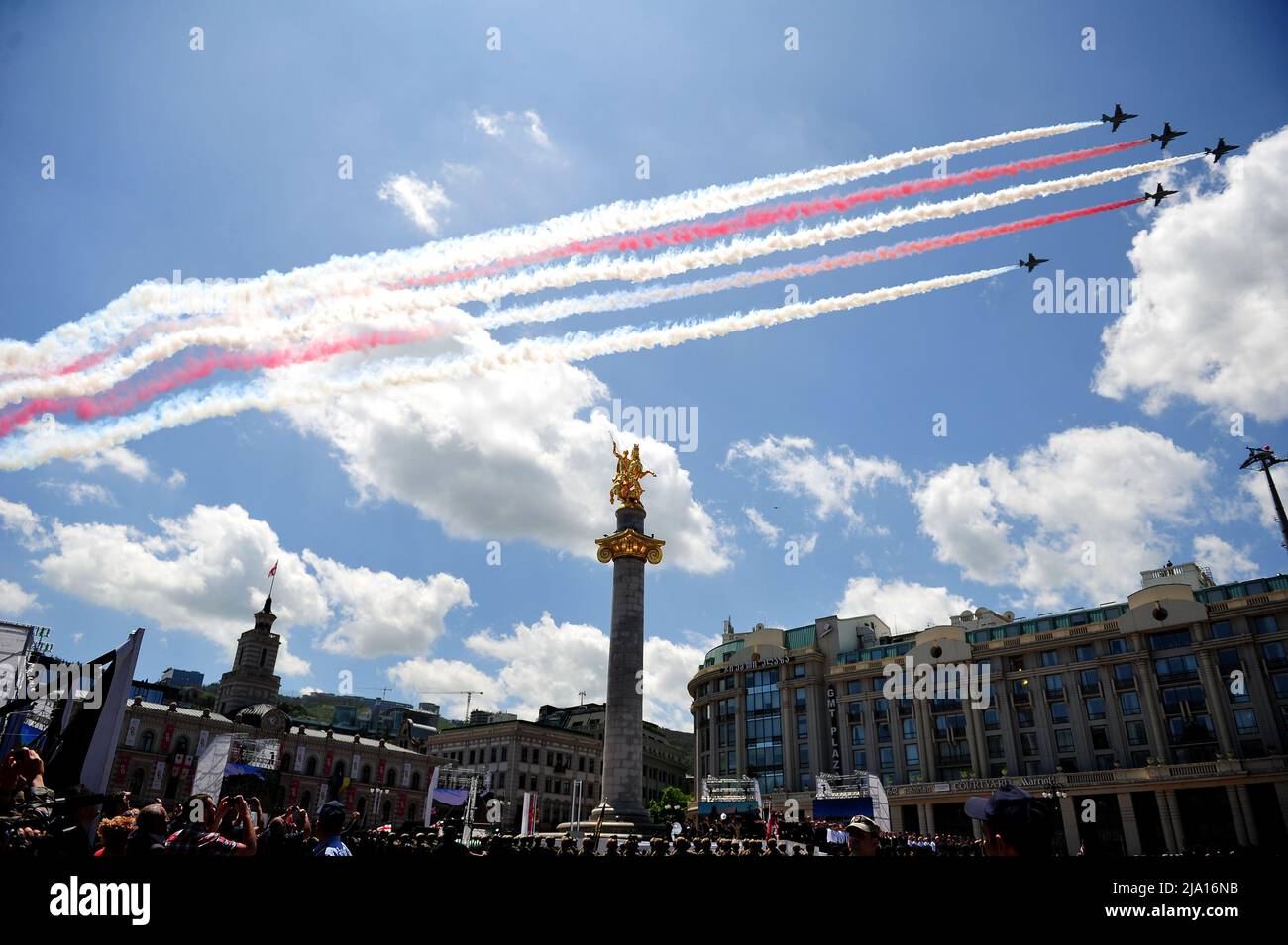 Tbilisi, Georgia. 26th May, 2022. Georgian military aircraft fly over ...