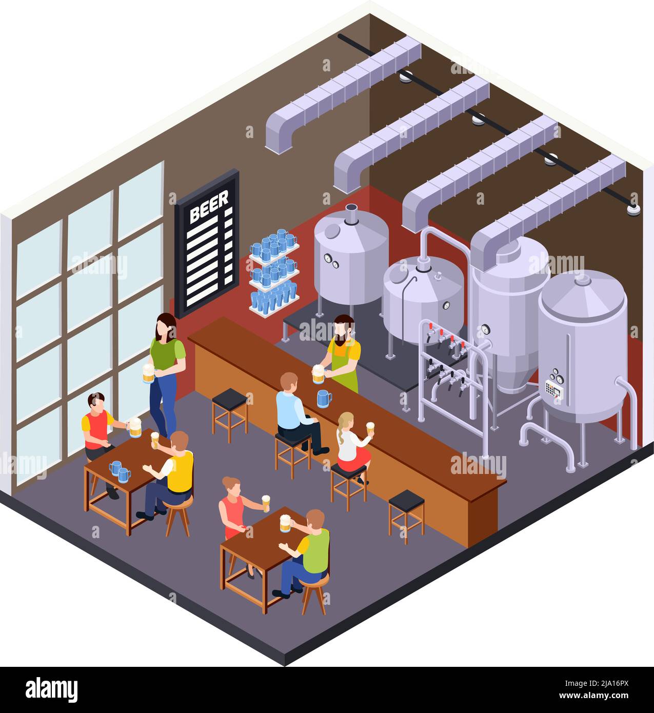Brewery beer production isometric composition with brew pub scenery ...
