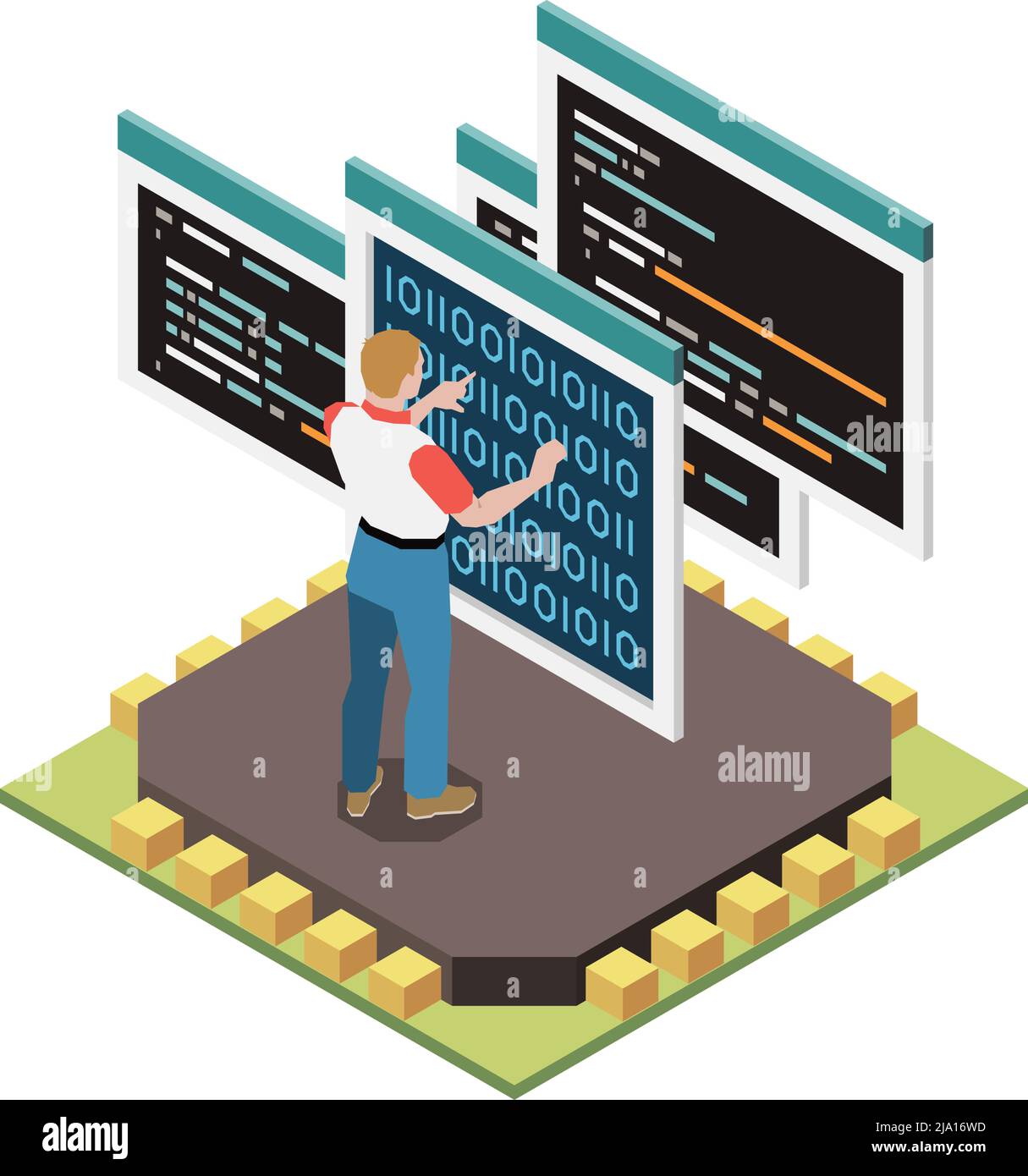 Programming development isometric composition with image of silicon chip with human character ...