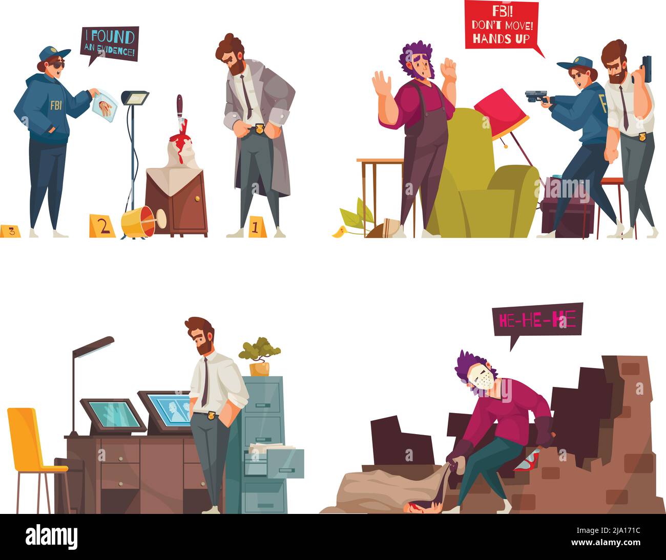 Detective 4 cartoon compositions with investigator office police ...