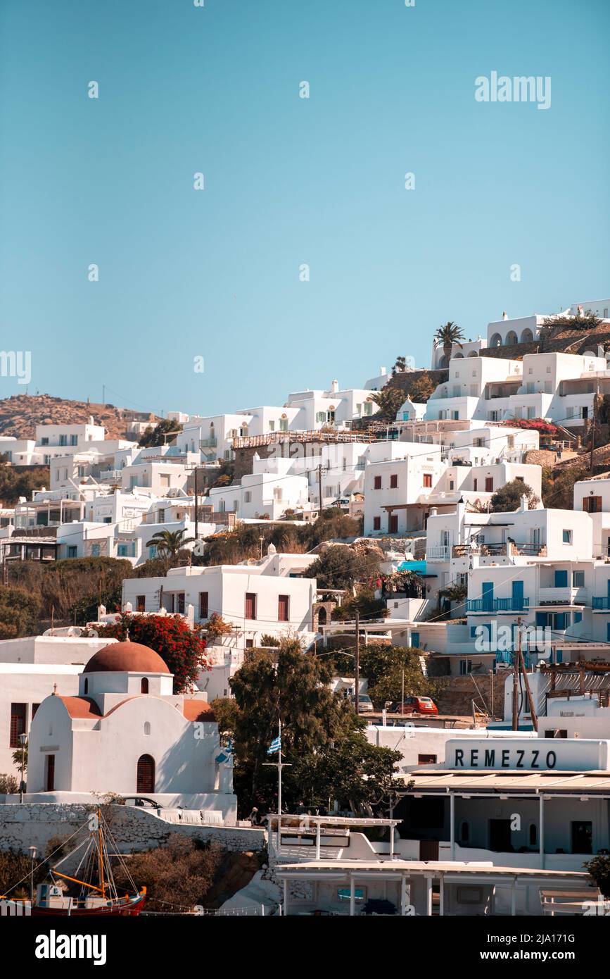 Mykonos island in Cyclades group in the Aegean Sea. summer party ...