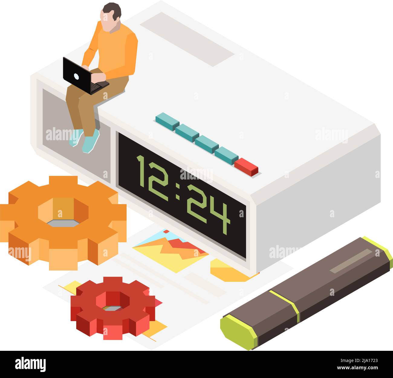 Time management planning schedule deadline isometric composition with character of worker ...