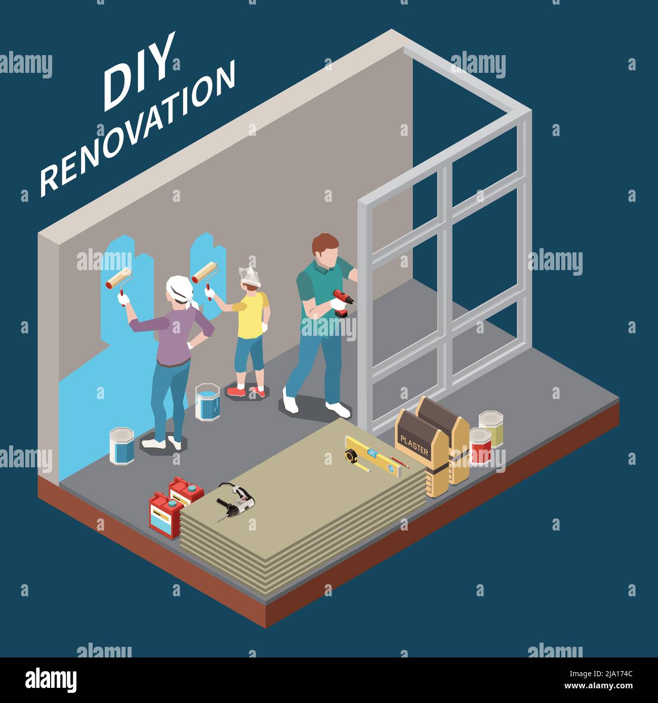 DIY isometric concept with characters renovating room painting walls ...