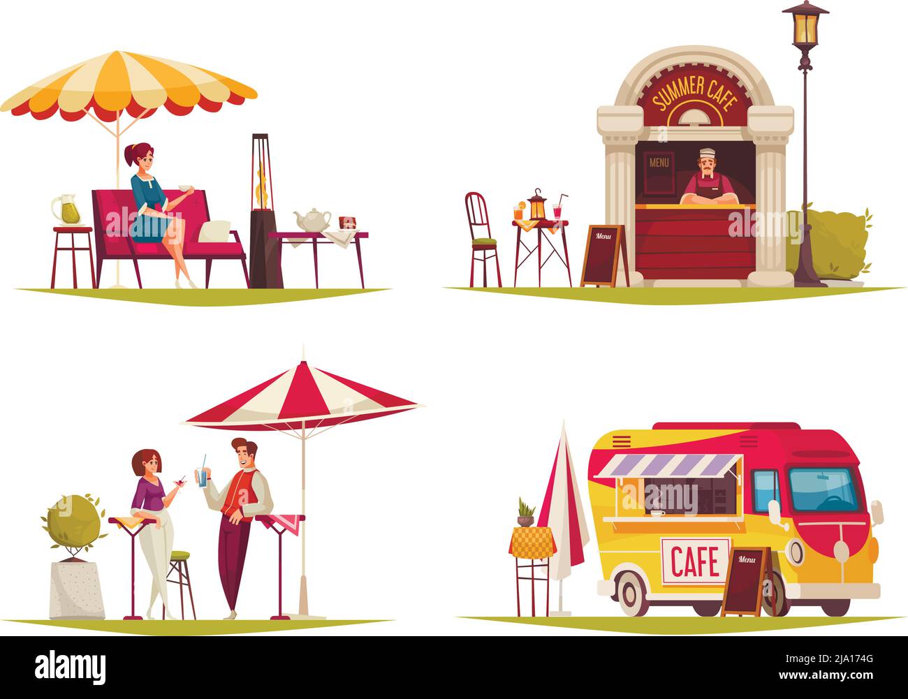 Street cafe 4 cartoon compositions with restaurant outdoor service ...