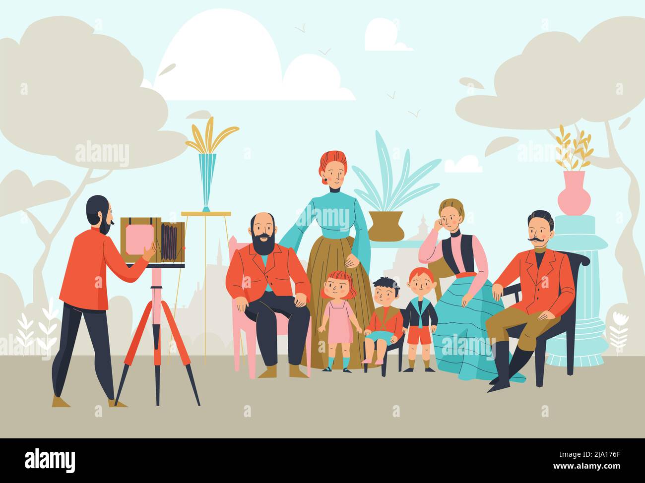 Vintage photographer background with camera and posing family couple ...