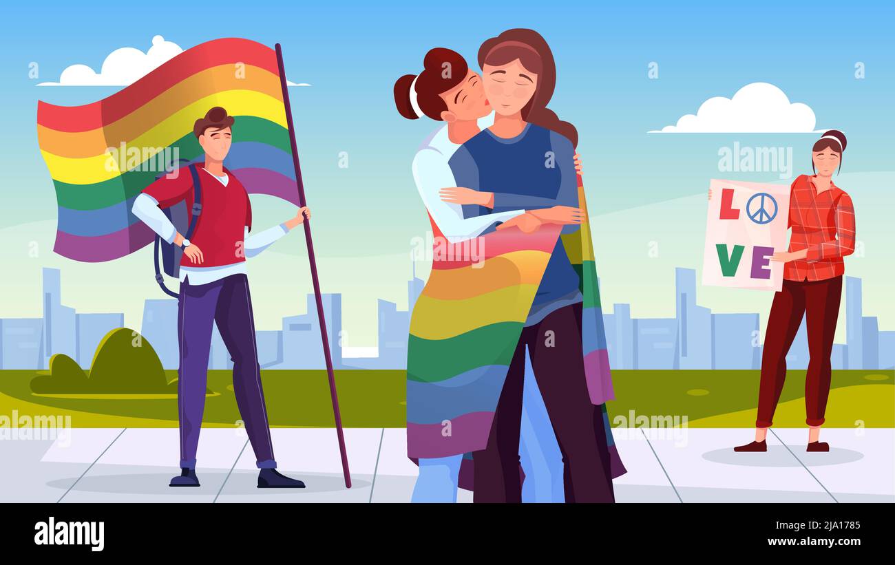 Lgbt community flat background with young people holding flag in colors ...