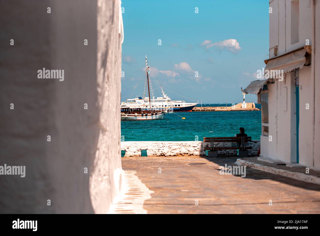 Mykonos island in Cyclades group in the Aegean Sea. summer party ...