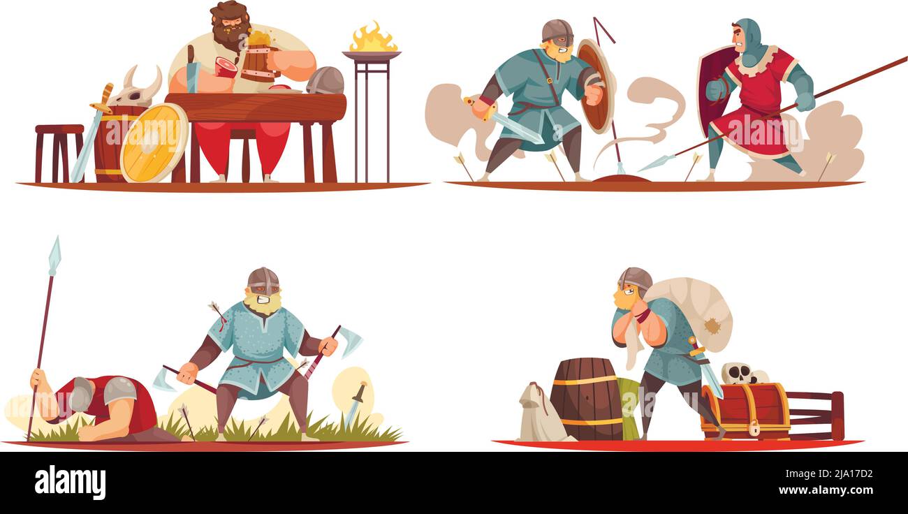 Vikings life concept eating meal fighting on battlefield carrying booty ...