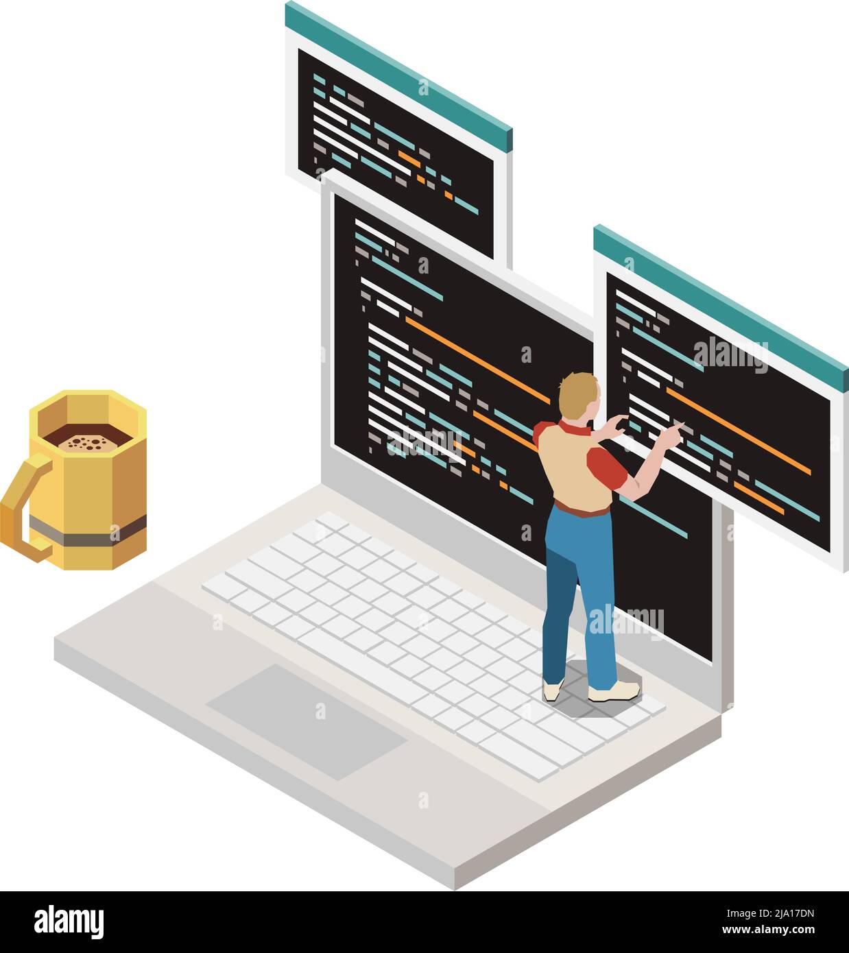 Programming development isometric composition with character of programmer on laptop with ...