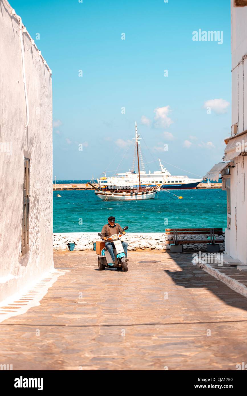 Mykonos island in Cyclades group in the Aegean Sea. summer party ...
