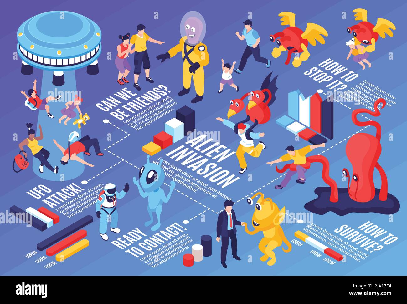 Alien invasion infographics layout with spaceman flying saucer earth ...