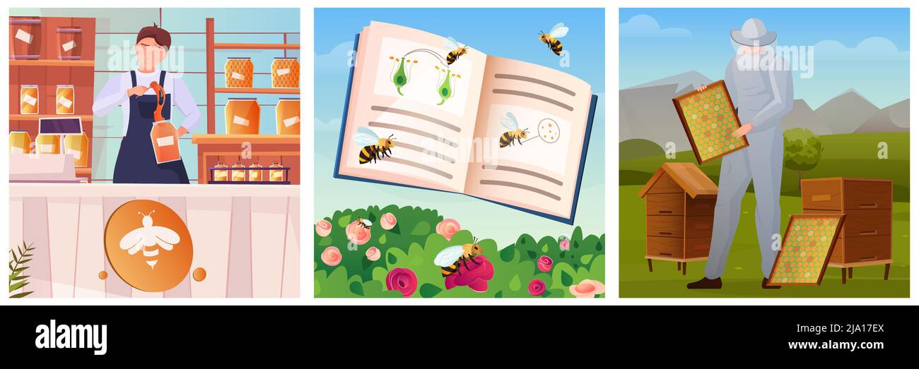 Beekeeping three flat color square illustrations with flying bees ...