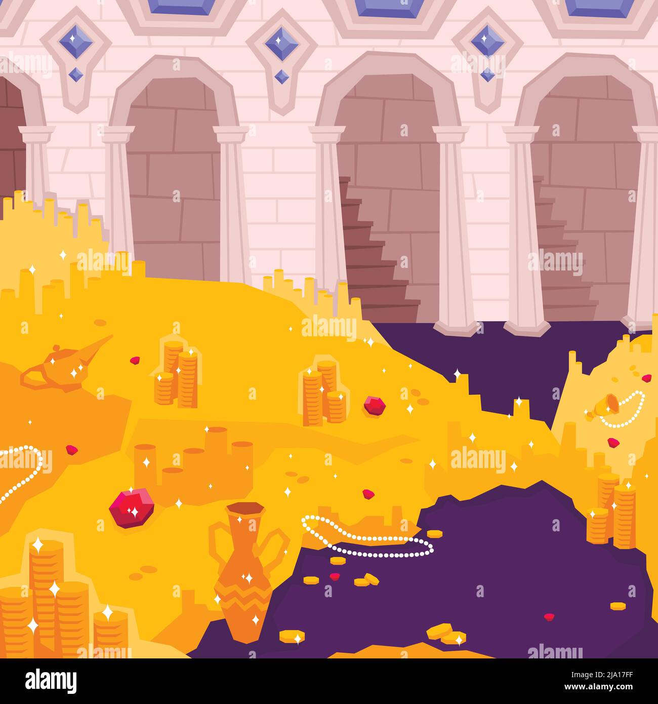 Landscape flat and colored composition with treasure room with gold and ...