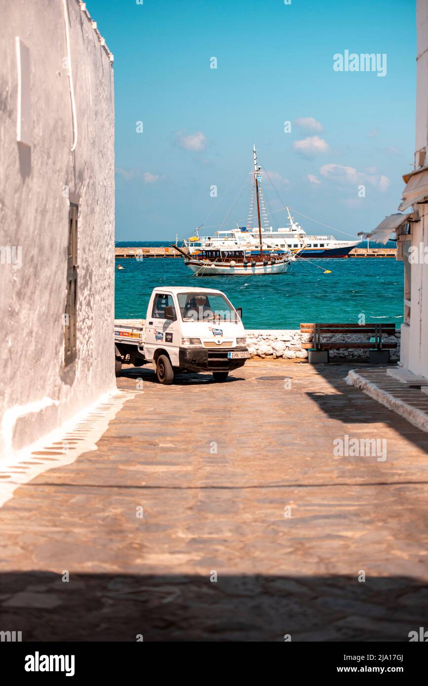 Mykonos island in Cyclades group in the Aegean Sea. summer party ...