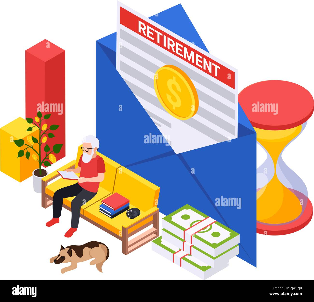 Retirement preparation plan isometric composition with old man sitting ...