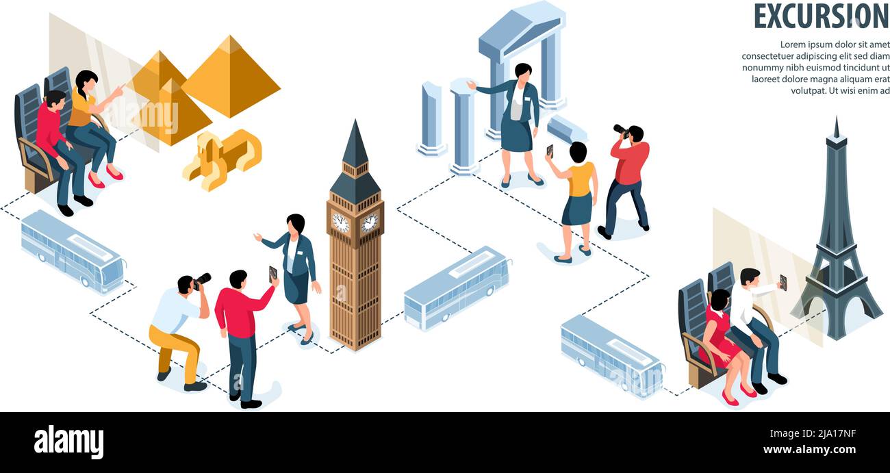 Excursion isometric infographics with guide tourists and world famous ...