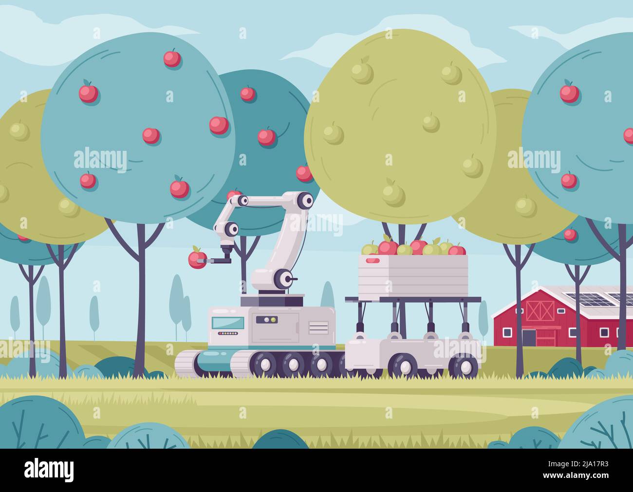 Smart farming cartoon composition with outdoor garden scenery with farm ...