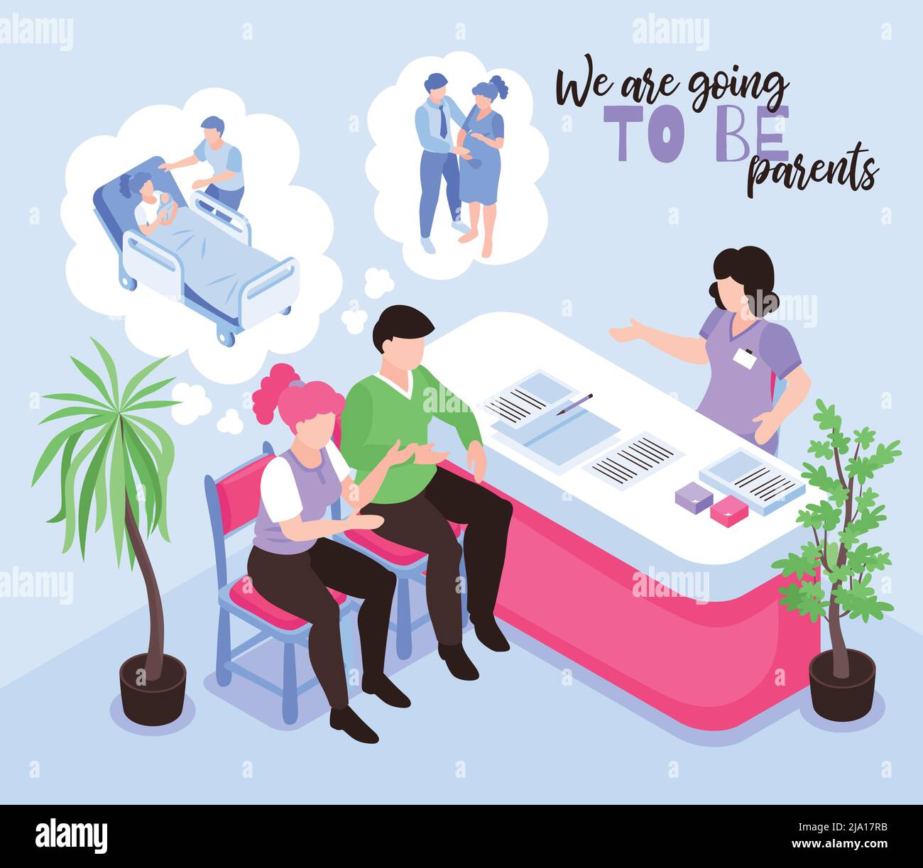 Reproduction isometric composition with young couple going to be ...