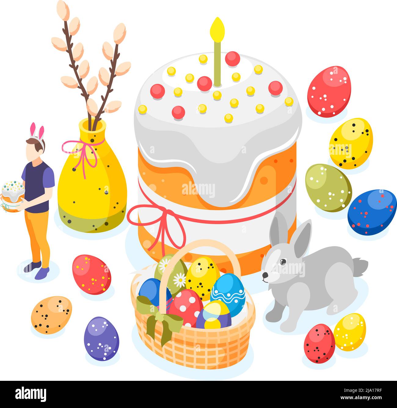 Easter isometric background composition with images of painted eggs big ...