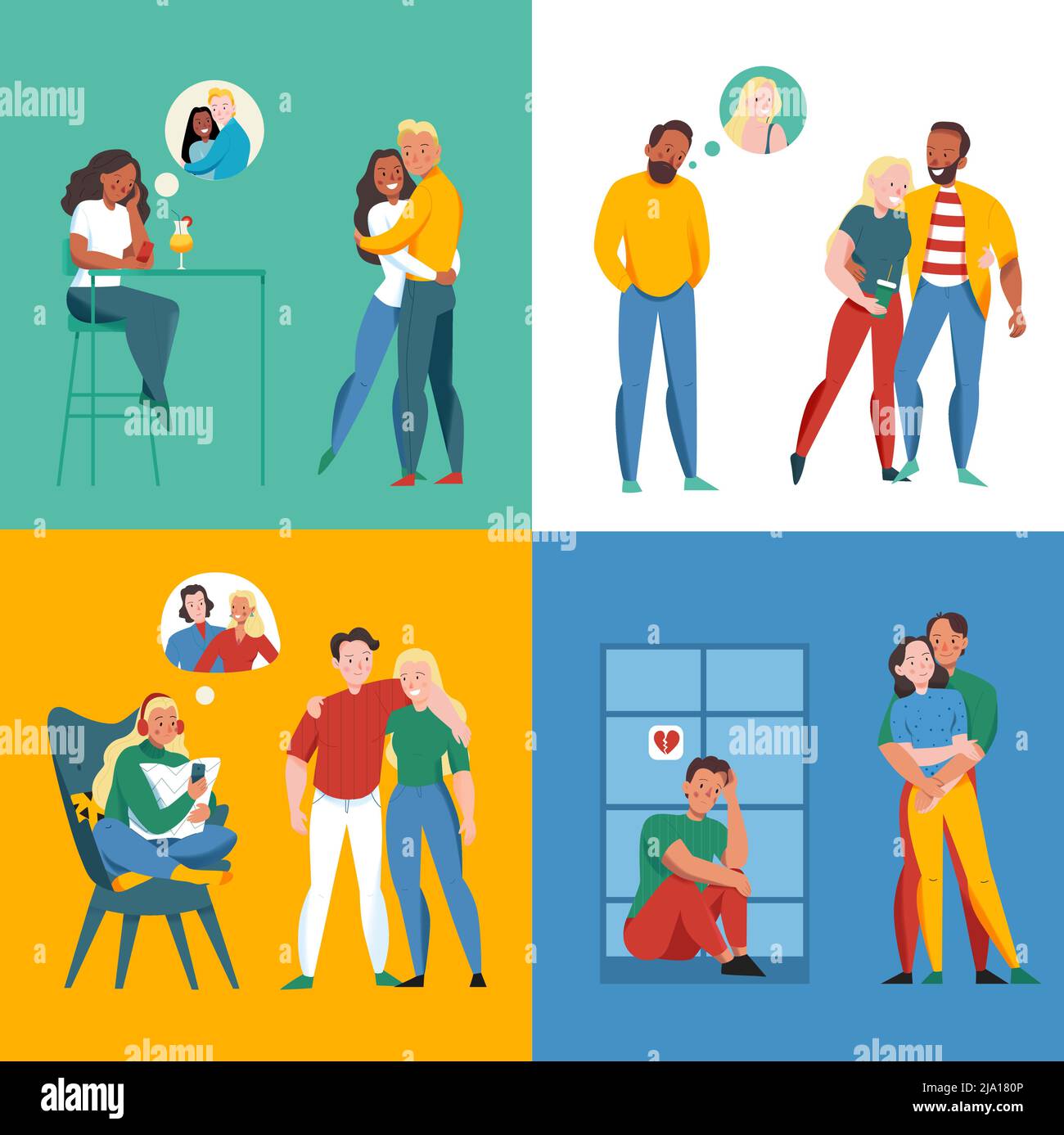 Lonely and together concept icons set with relationship symbols flat ...