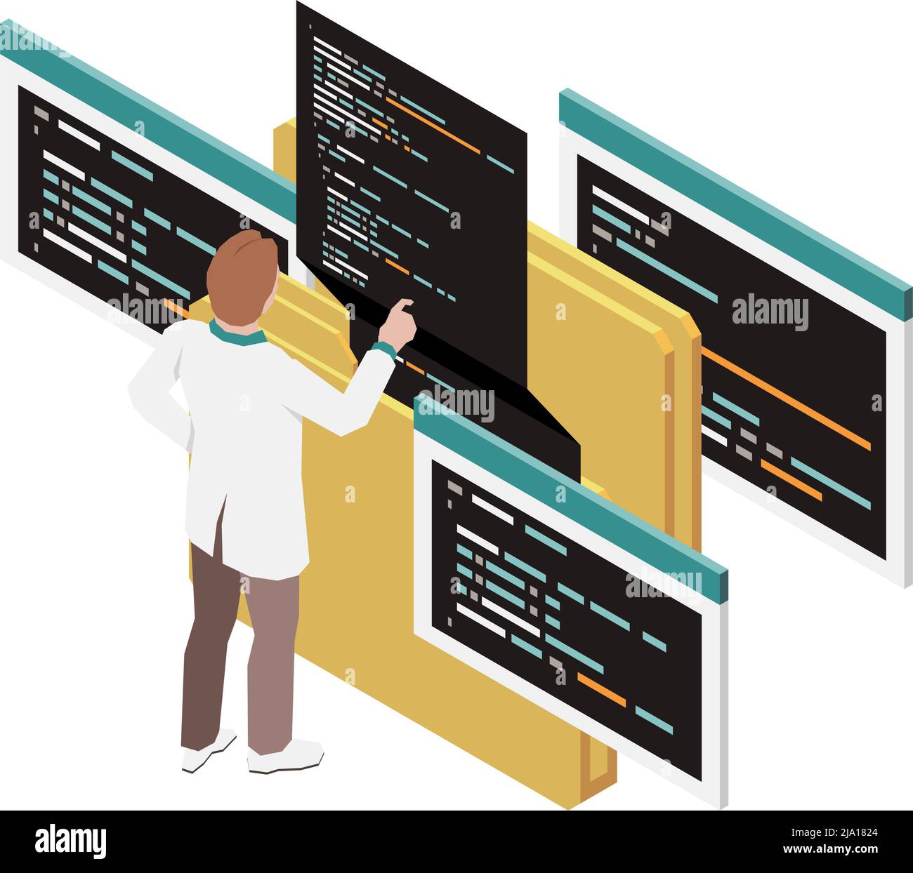 Programming development isometric composition with character of programmer with code on screens ...
