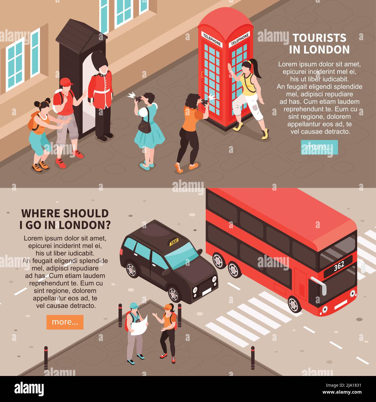 Tourists in london horizontal banners with information about ...