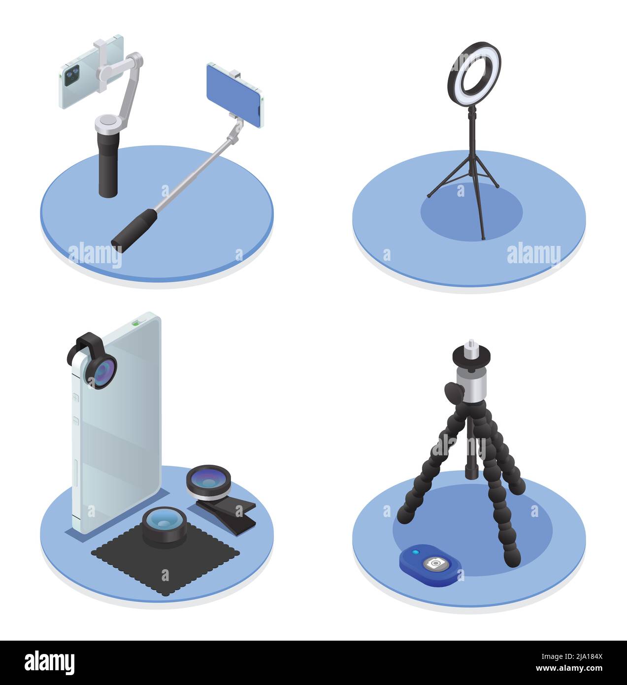 Isometric set of photography and video filming techniques on blue round ...
