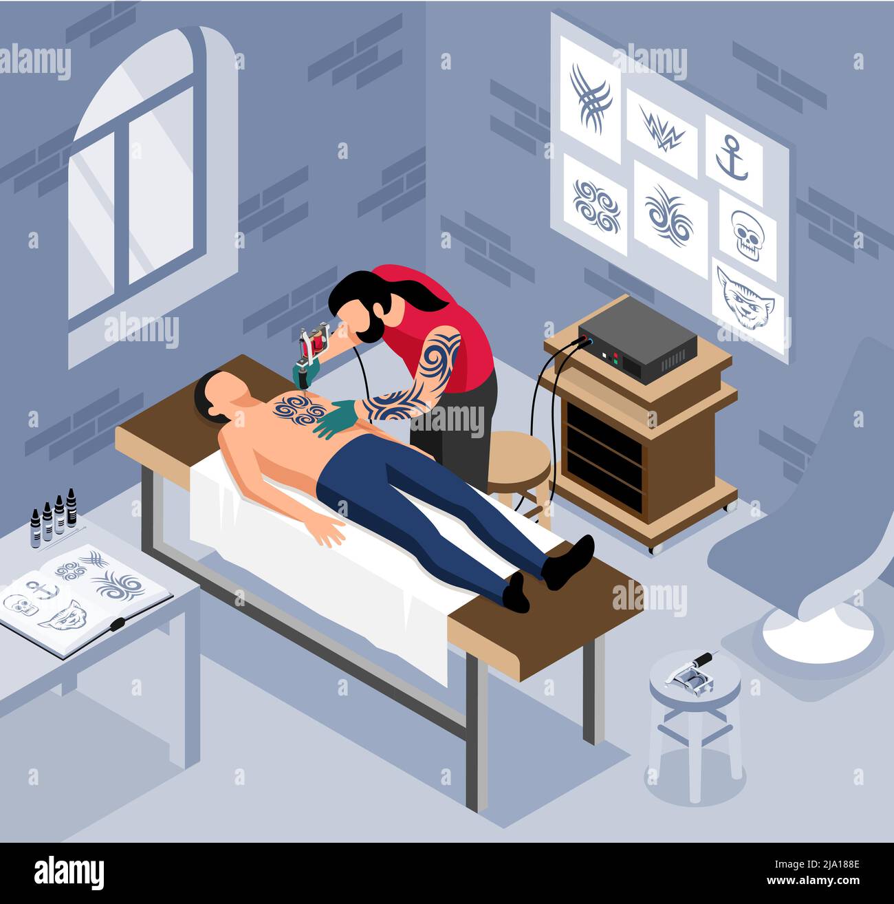 Tattoo cabinet isometric composition with tattooist painting man body ...