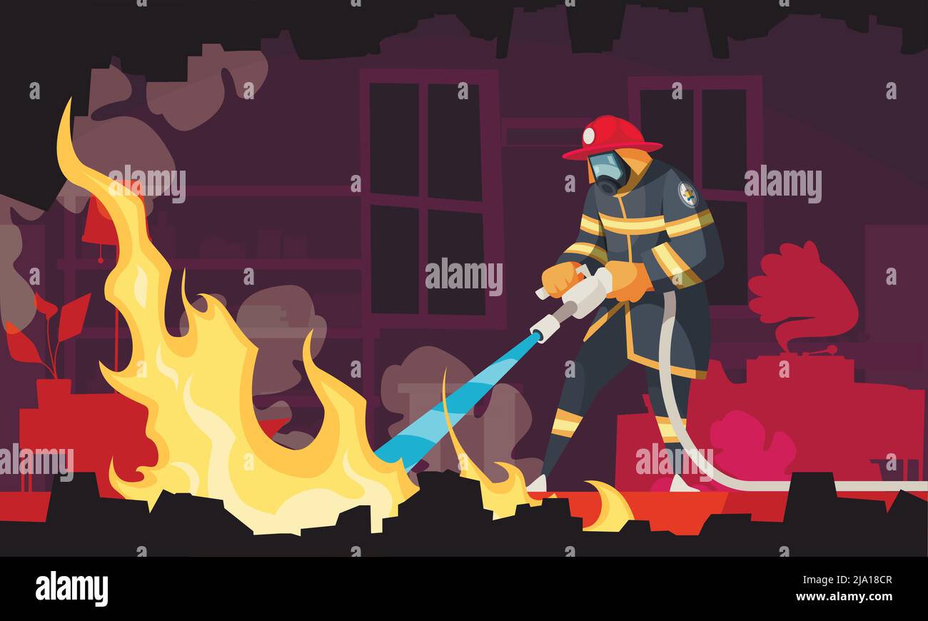 Firefighter wearing mask and helmet putting out fire with hose inside ...