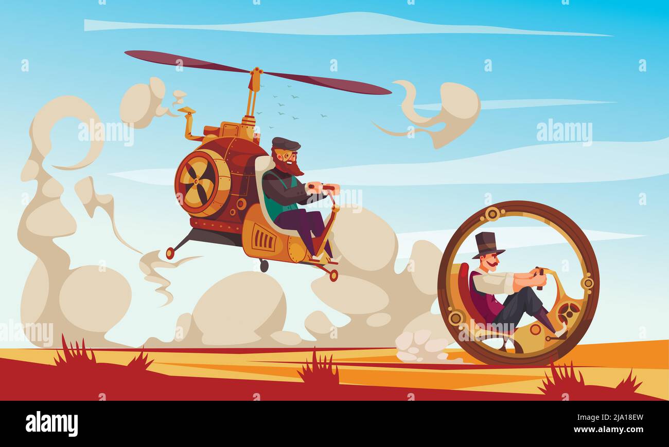 Two men driving vintage steampunk monowheel and flying car with rotor ...