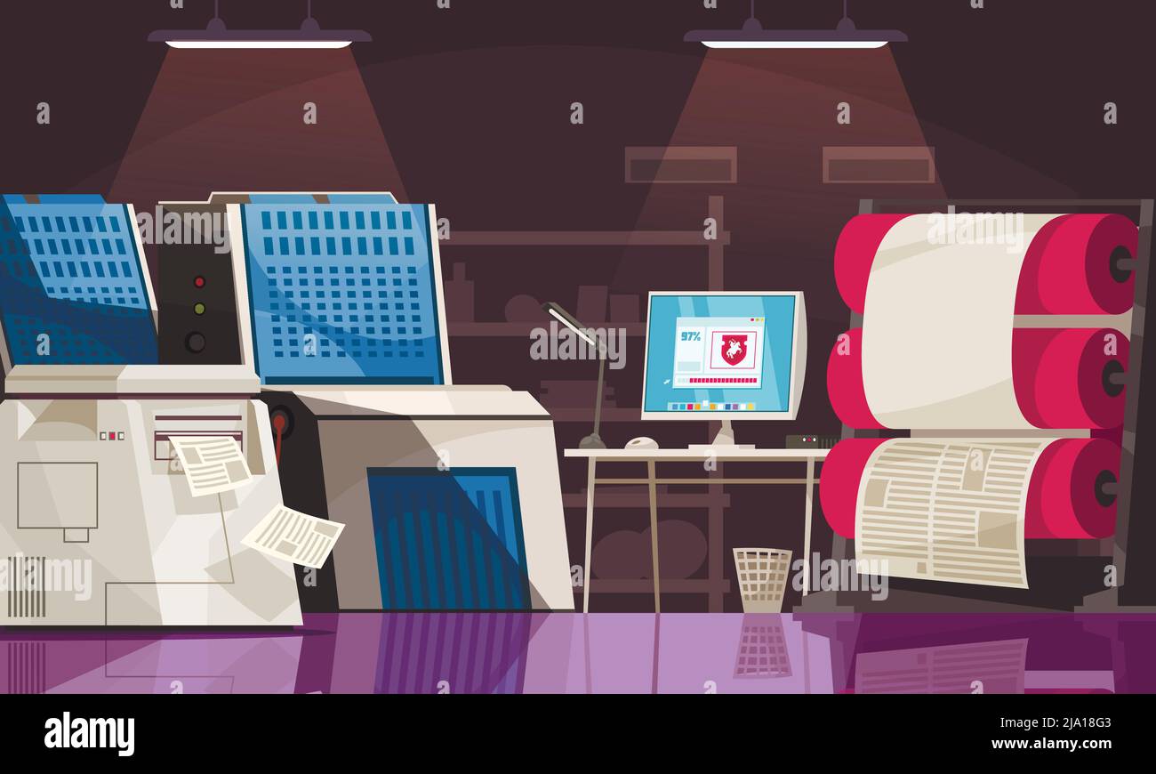 Press equipment and desk with computer in printing house room cartoon ...