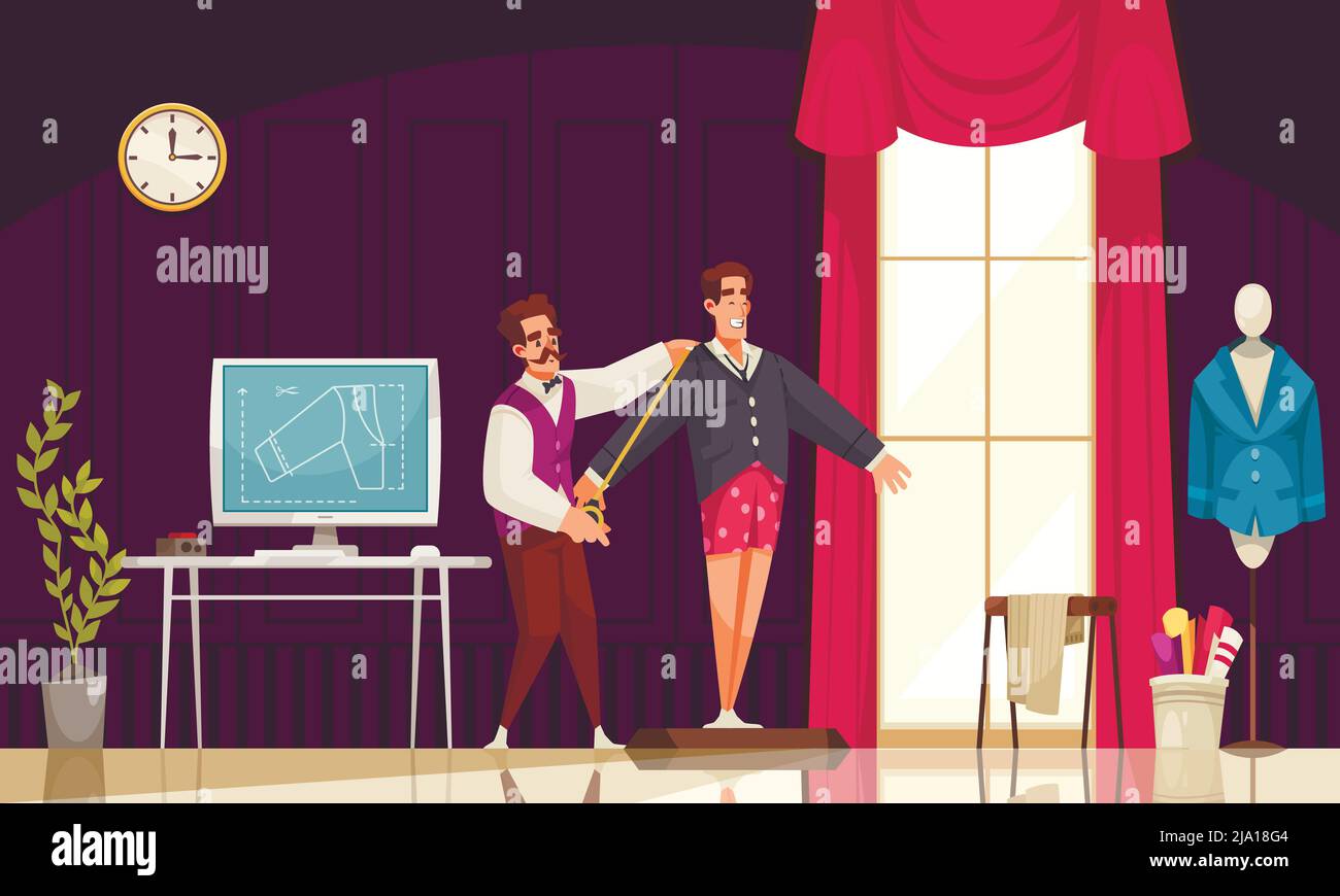 Male tailor taking measurements of smiling man for jacket in atelier ...