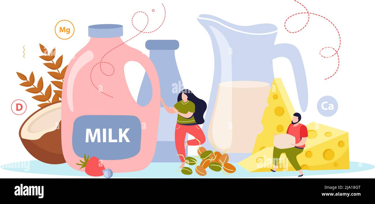 Milk usage flat colored composition with natural organic fresh beverage ...