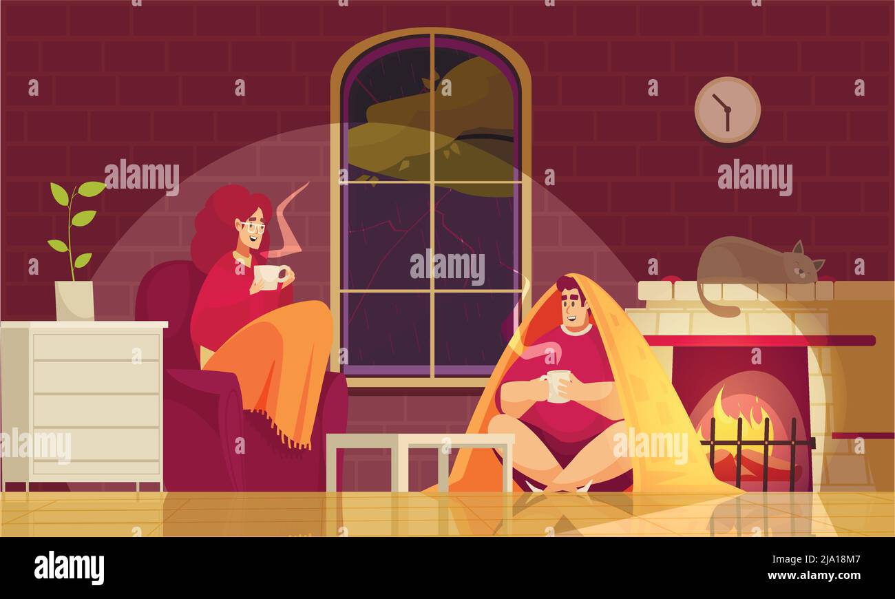 Staying home in bad weather flat composition with couple wrapped in ... Staying home in bad weather flat composition with couple wrapped in ...